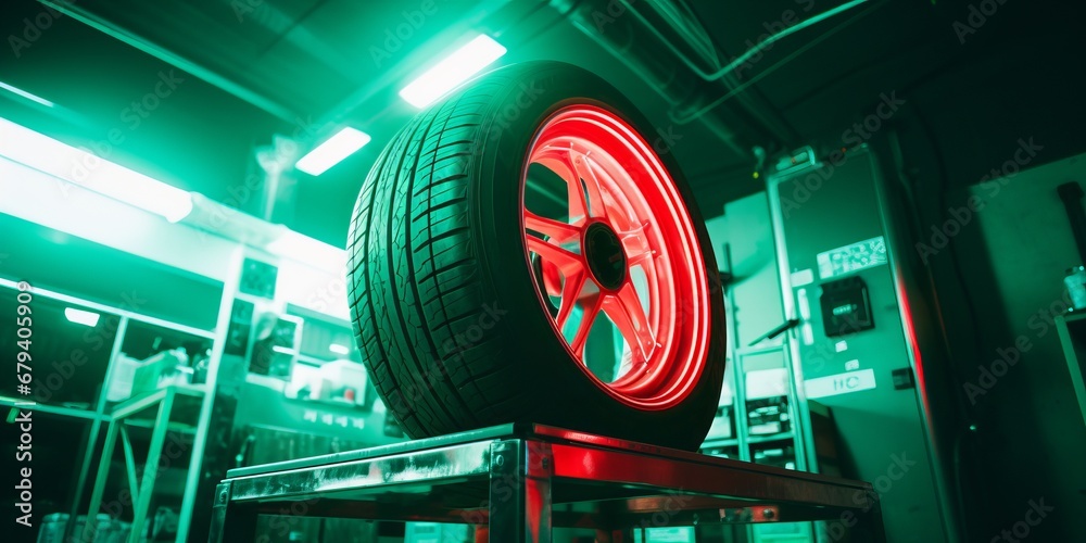 Tire workshop. A photograph in car workshop. MOT. New and old tyres ...