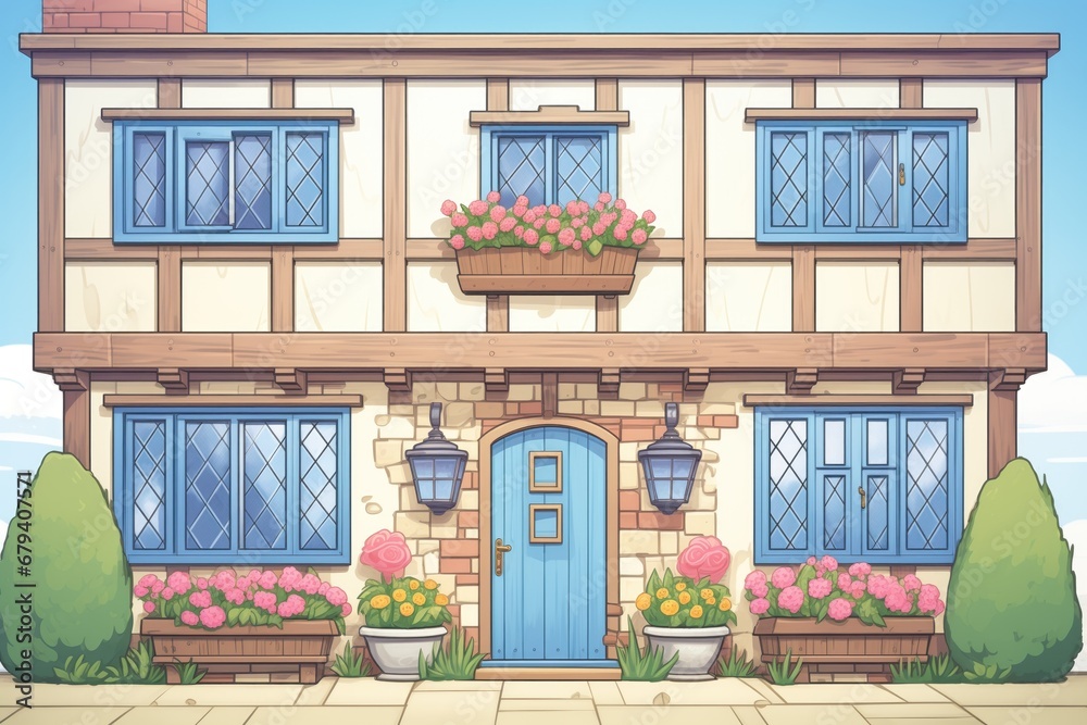 tudor house front entrance, diamond-pane windows on each side, magazine ...