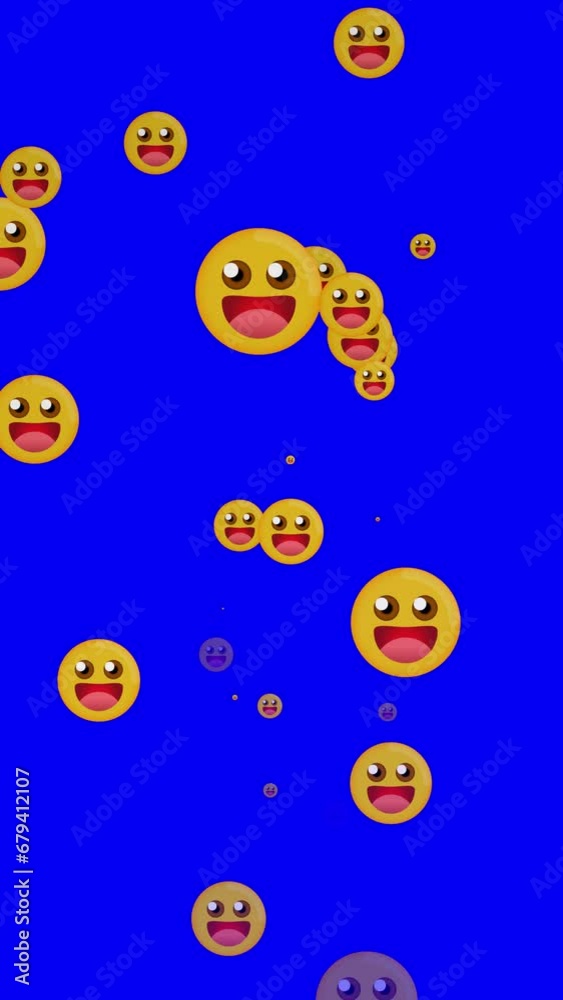 Vidéo Stock Yellow smiley face icons flying across blue stage, blue ...