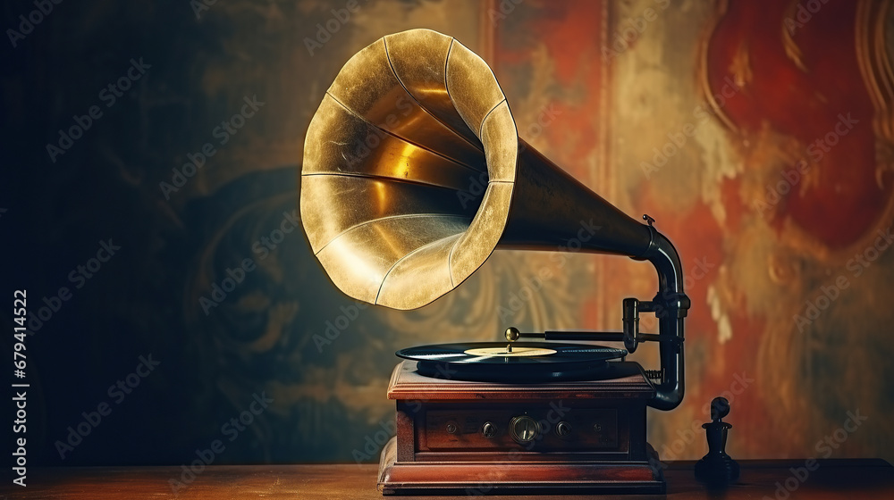 Retro-design gramophone from the 1960s in a grunge room. Music blaster ...