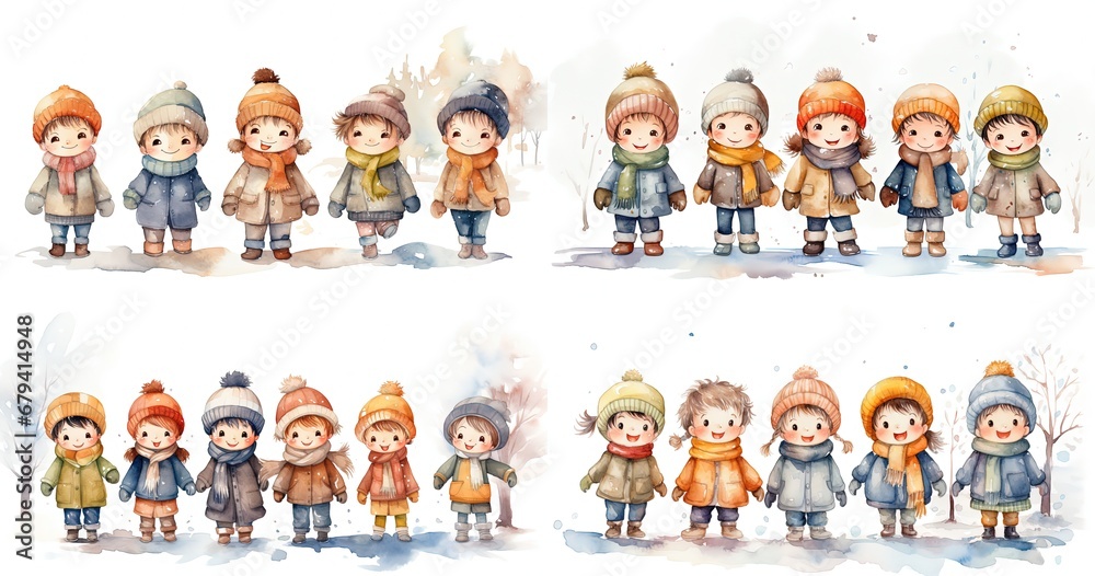 watercolor style illustration, group of kids girls and boy walking ...