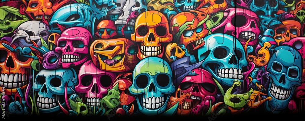abstract graffiti illustration, street art design, Skulls paint on wall ...