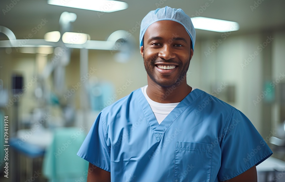 close up portrait of a male doctor or nurse smiling with hospital room ...