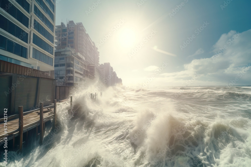 Destructive oceanic tsunami, high-rise buildings background. Natural ...