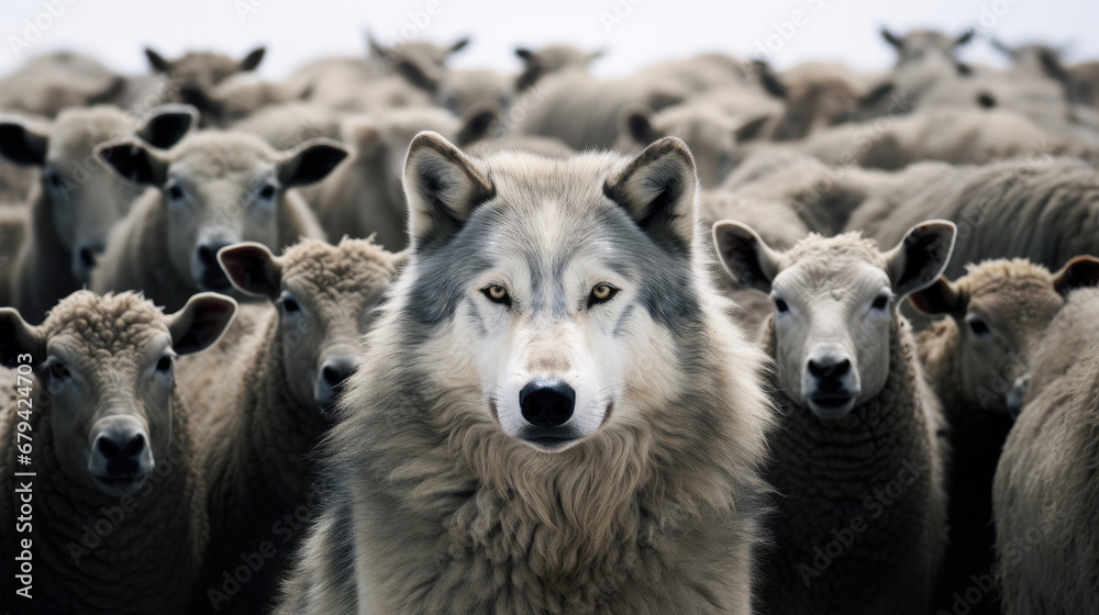a dark grey wolf in a flock of white sheeps with clean background Stock ...