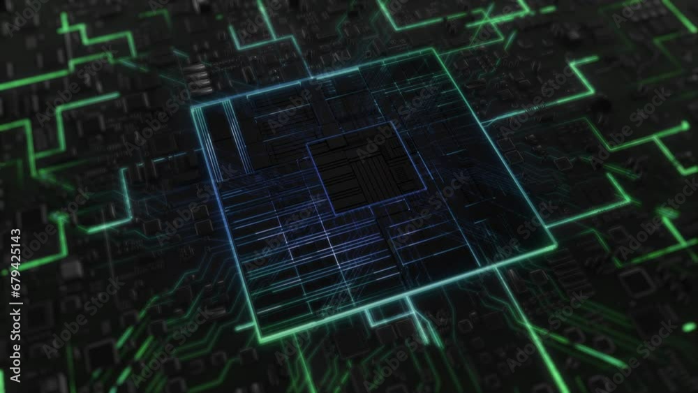 3D Visualization AI Processor Power. Technology Background Futuristic CPU Circuit. Colorful Blue ...