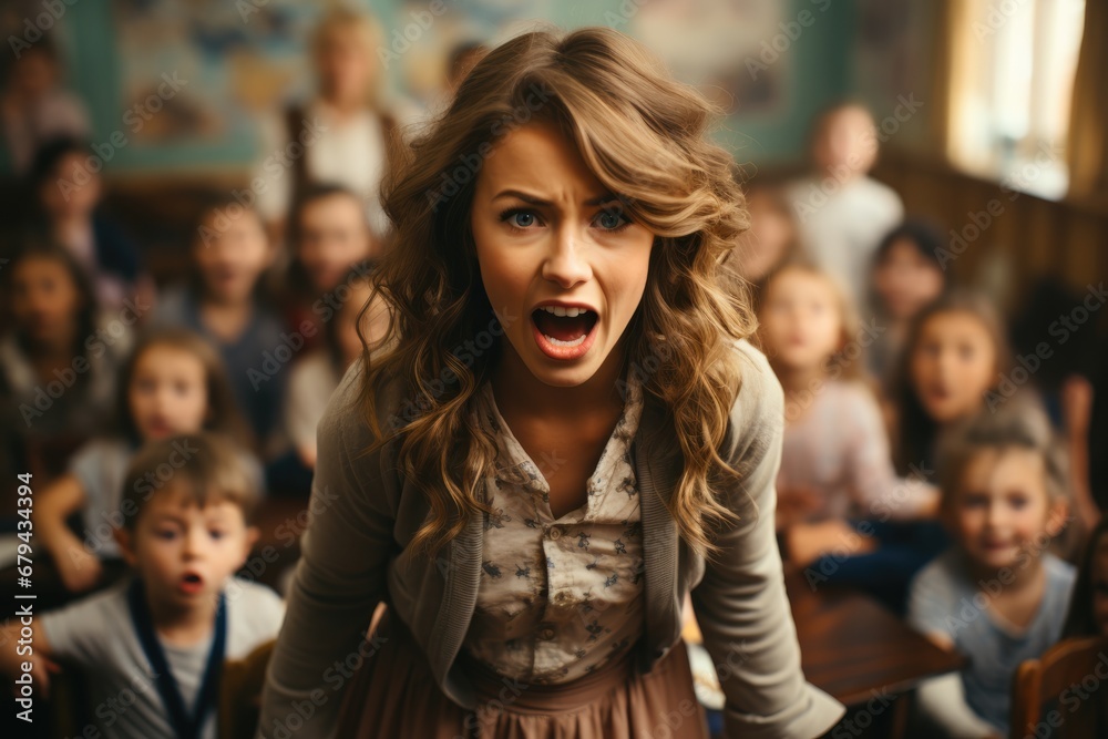 Angry female teacher yells for children Stock Photo | Adobe Stock