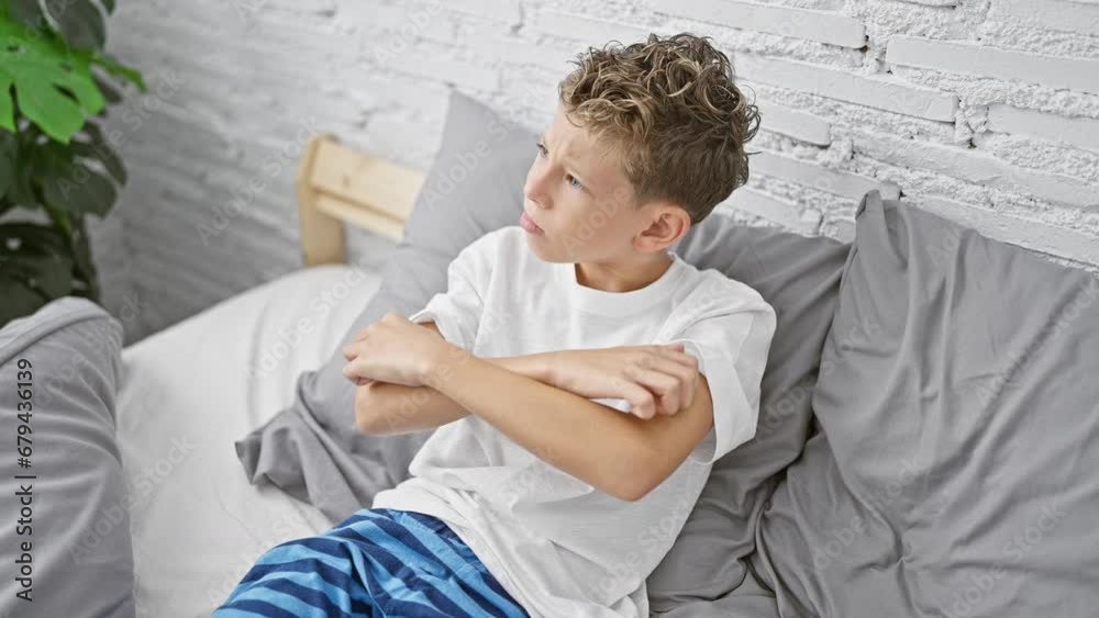 Adorable blond boy sitting in bedroom, scratching itchy arm rash ...