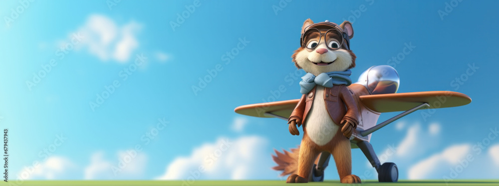 Animated chipmunk in aviator gear standing proudly on a wooden airplane ...