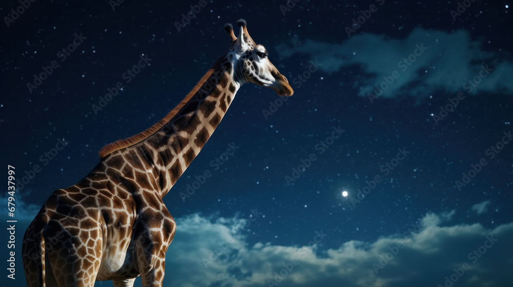Giraffe under a starry night sky, a tranquil scene of natural wonder ...
