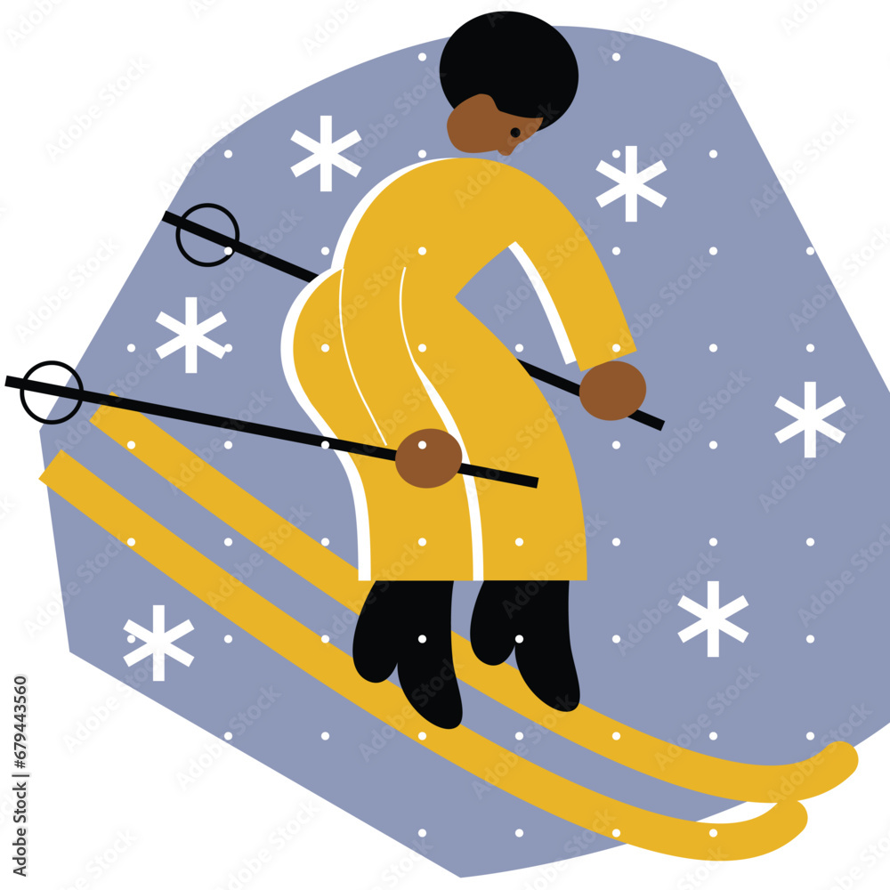 Women ski in mountains on a winter evening among the stars and snow ...