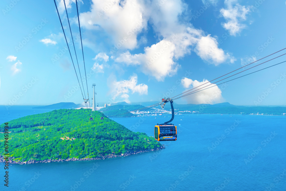 The cable car route across the sea connects Phu Quoc island and Hon ...