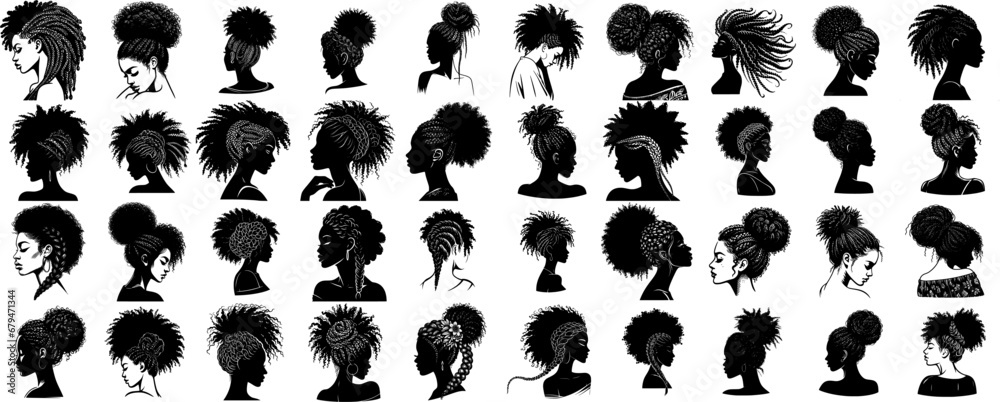 silhouette outlines, afro braids and hairstyles diversity, set of ...