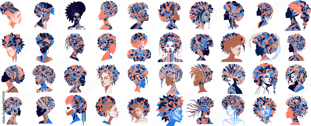 geometric silhouette outlines, afro braids and hairstyles diversity ...