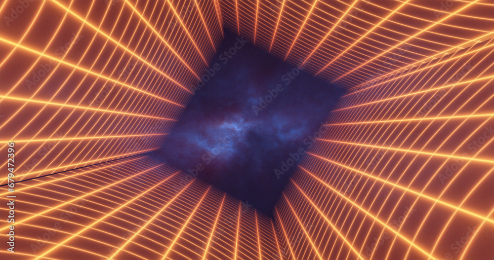 Abstract orange yellow energy grid swirling tunnel of lines in the top ...
