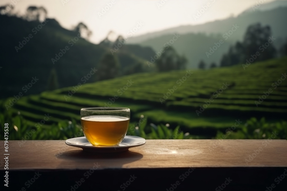 Cup of hot tea and tea leaf on the wooden table and the tea plantations ...