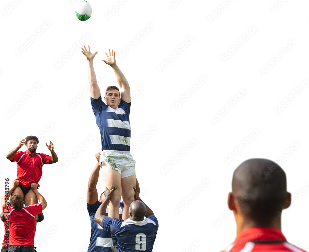 Digital png photo of diverse male rugby players playing on transparent ...