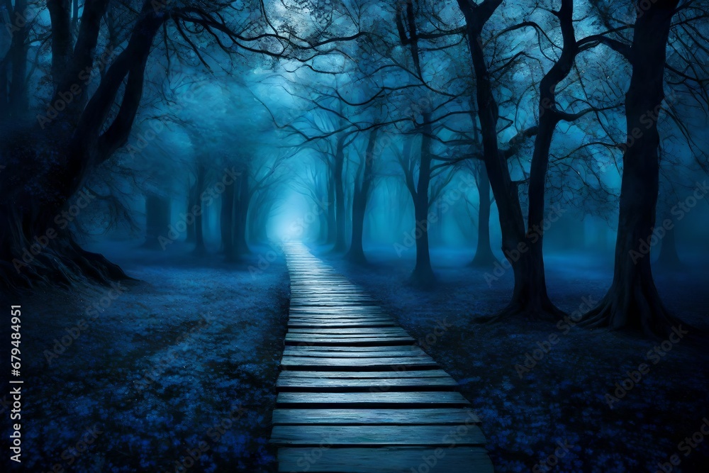 blue environment with tress and dark scary blue way inside the jungle ...