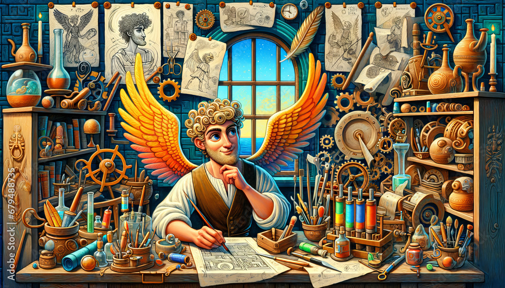 A whimsical and imaginative animated depiction of Daedalus, the skilled ...