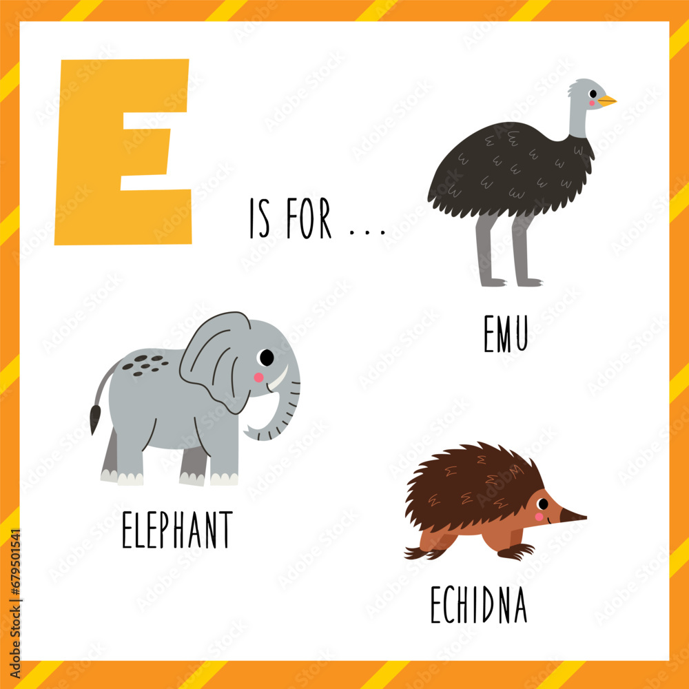 Learning English alphabet for kids. Letter E. Cute cartoon emu ...