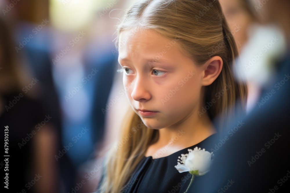Crying Child, sad and family at funeral at graveyard ceremony outdoor ...