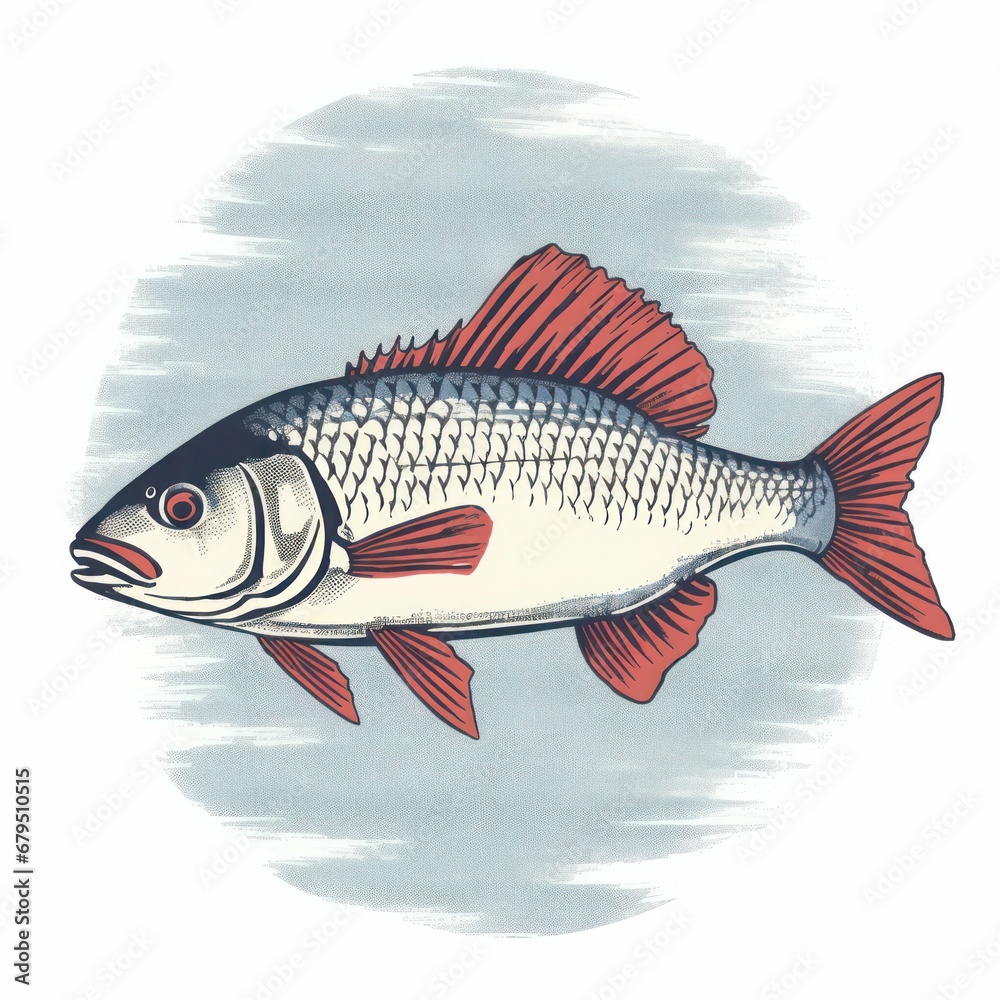 freshwater bass, side profile illustration, watercolor effect, grey ...