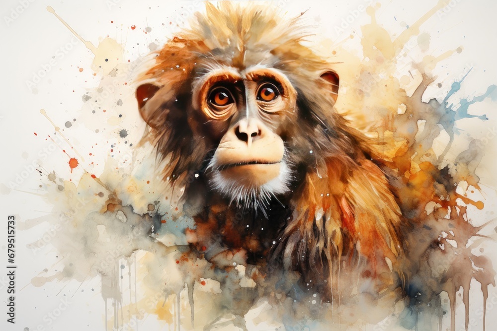 watercolor Monkey illustration with splash watercolor textured ...