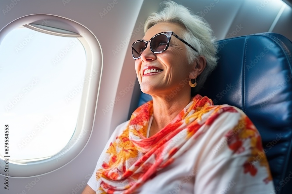 Happy old lady goes on summer vacation by plane sitting next to window ...