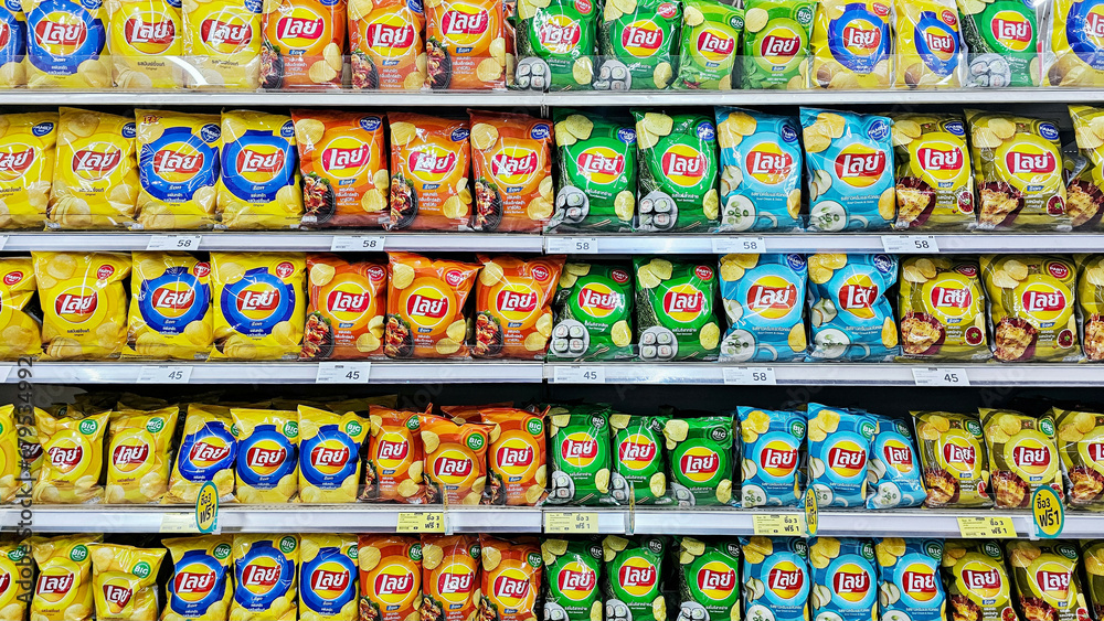 Various Potato Chip Flavours in Thailand on market shelves. Window ...