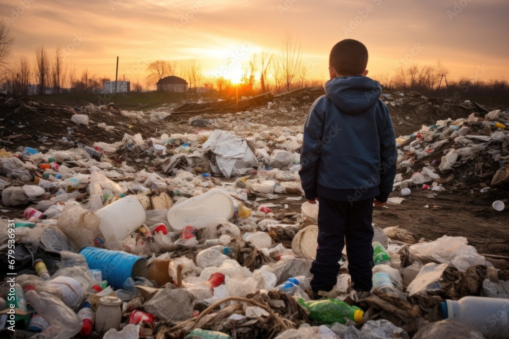 Kid standing near landfill next to mountain of plastic wastes thinking ...