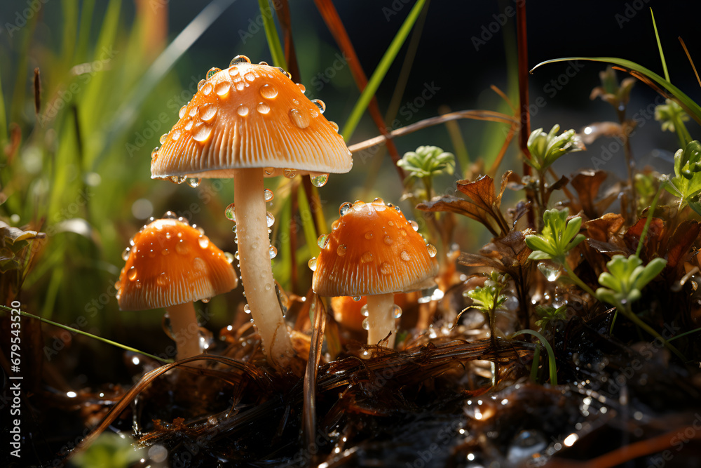 Hyper realistic mushrooms with dew drops in forest grass generated AI ...