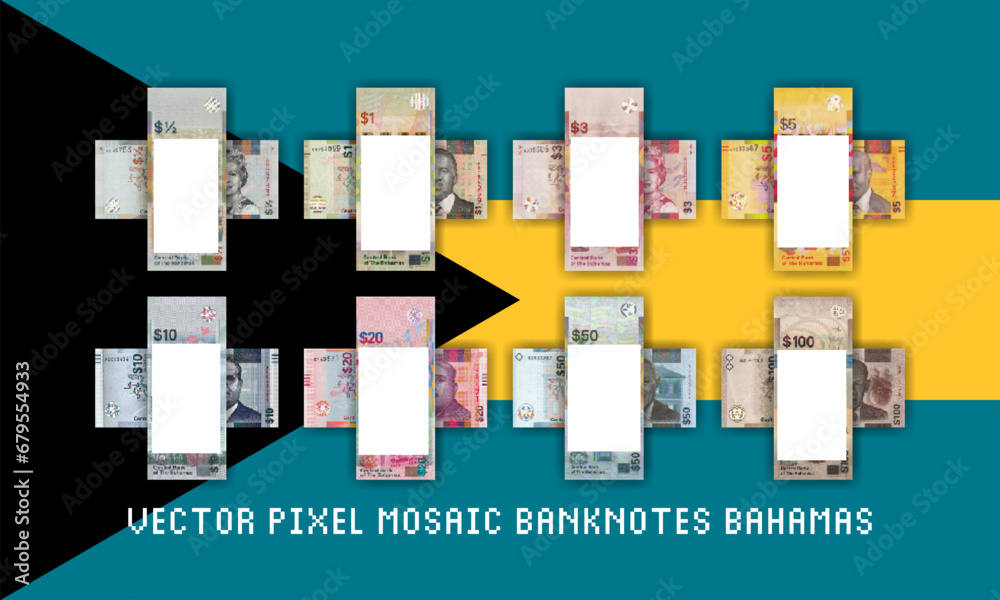 Vector set of mosaic pixel banknotes of the Bahamas. Collection of ...