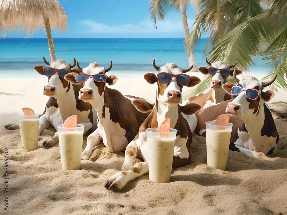 Eine Gruppe Kühe am Strand / Lustiges Kuh im Urlaub Bild / Kühe mit ...