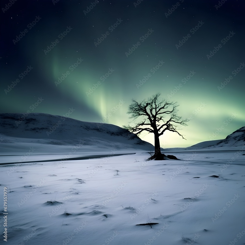 Einsamer Baum im Winter / Polarlichter in der Arktis / Baum in einer ...