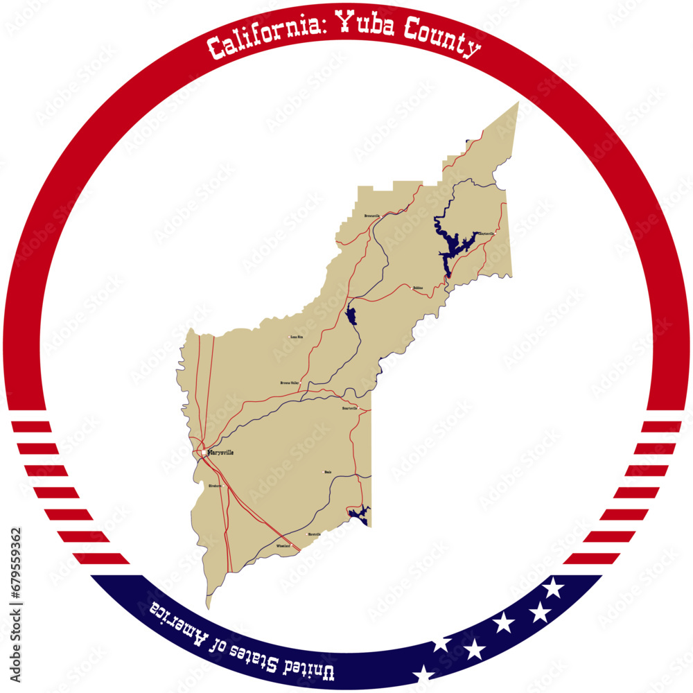 Map of Yuba County in California, USA arranged in a circle. Stock ...
