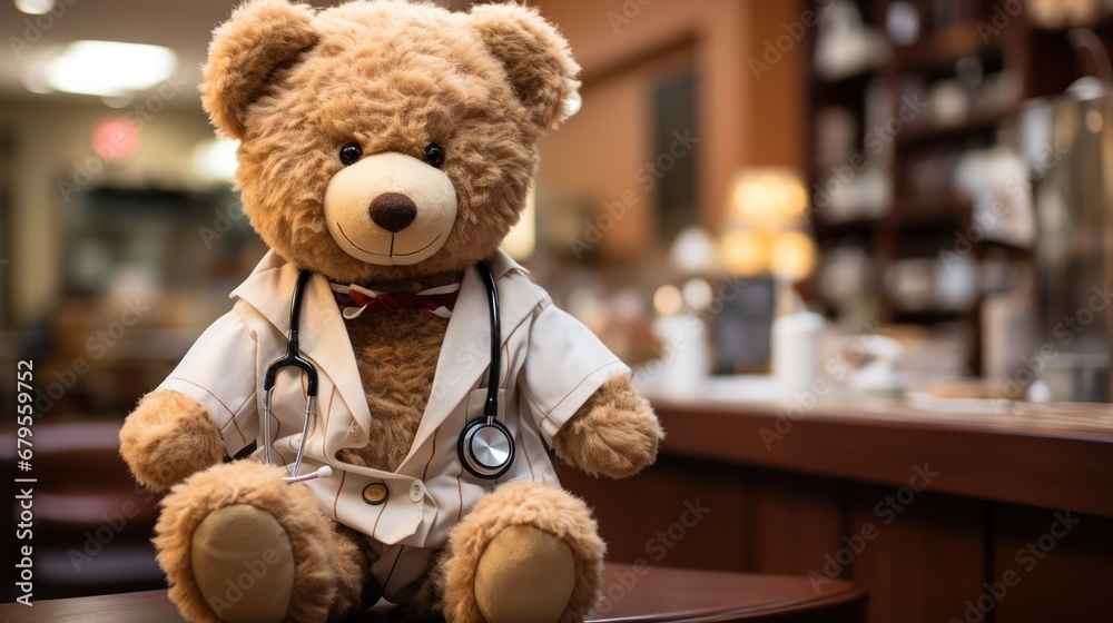 Teddy bear doctor with a stethoscope in a fuzzy setting. Stock ...