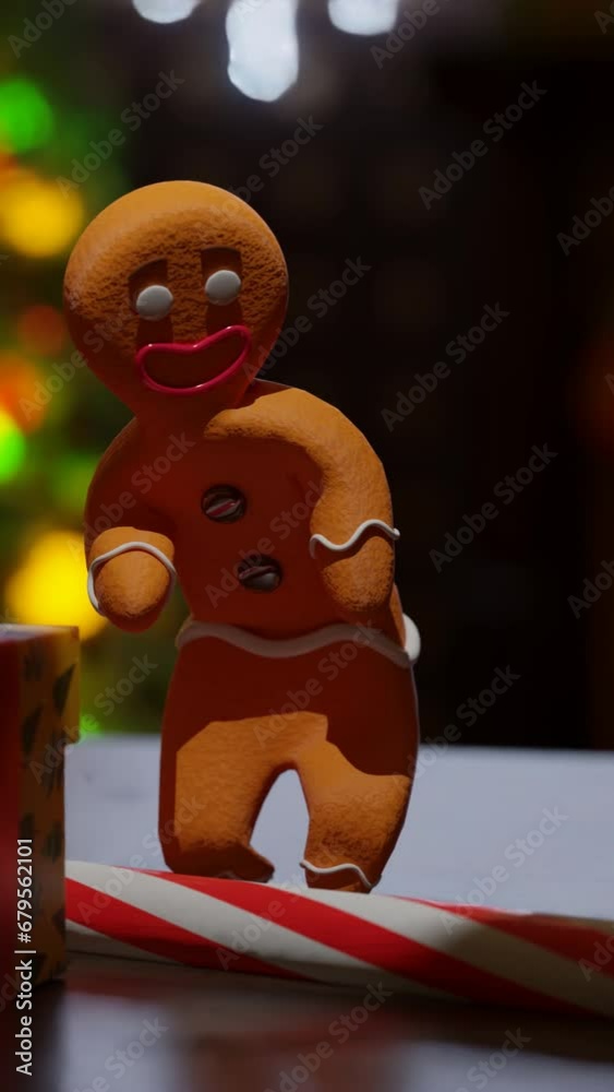 Gingerbread man Dancing in Christmas Cozy Interior on table. 3D cartoon ...