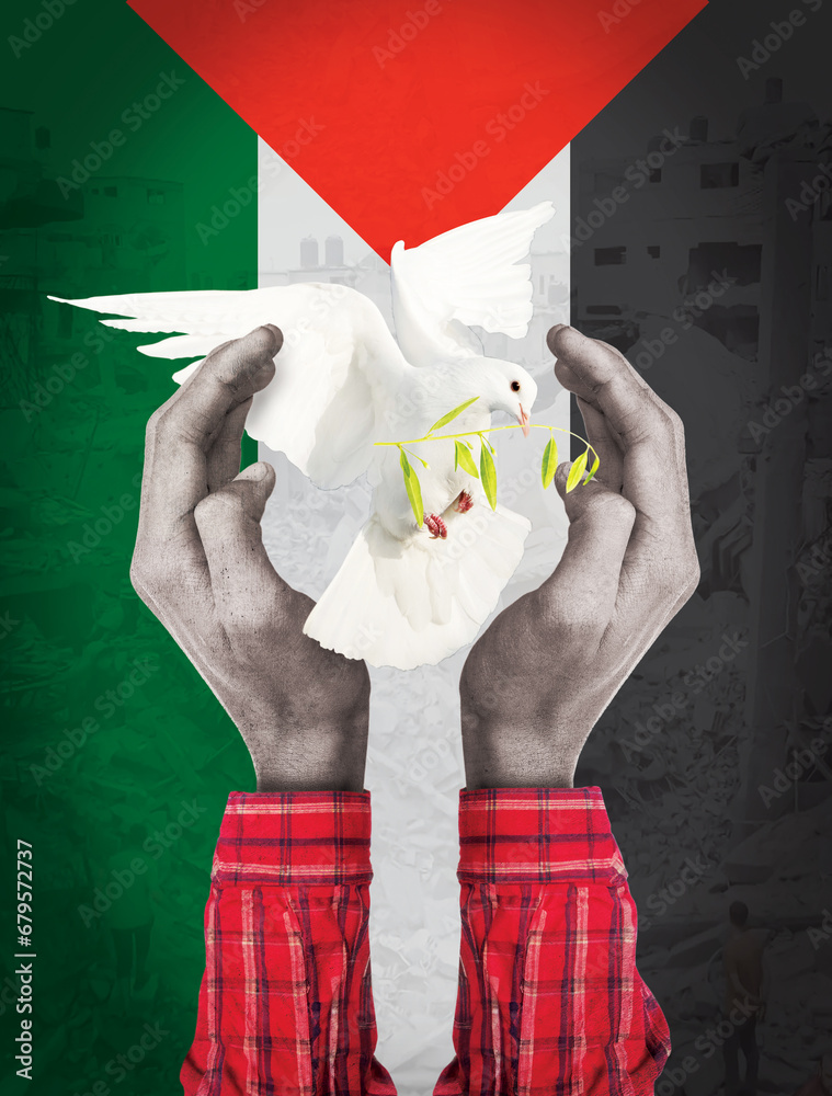 White dove extending an olive branch. Hands embracing peace. A world ...
