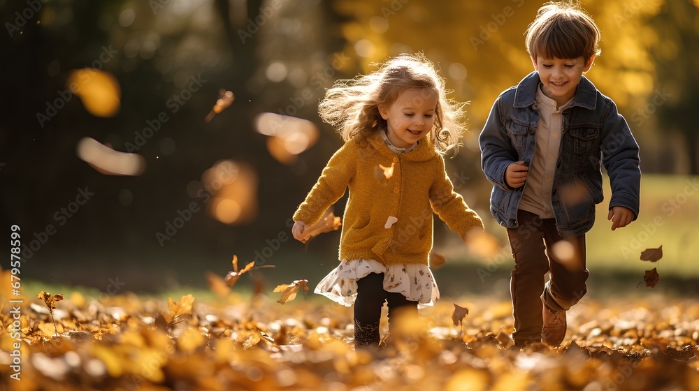 autumn, sunny day, park, field, tree, fallen leaves, children, cute boy ...