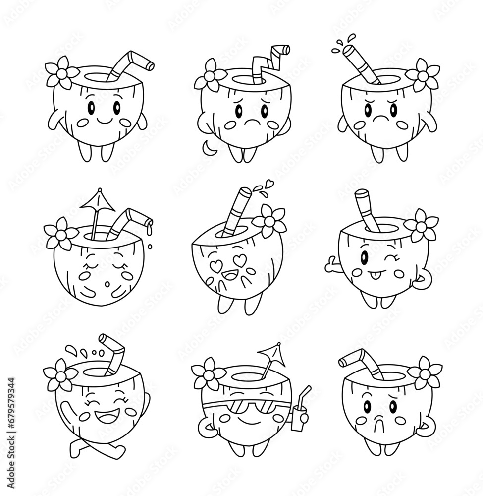 Cute coconut cocktail character. Coloring Page. Kawaii drink with a ...