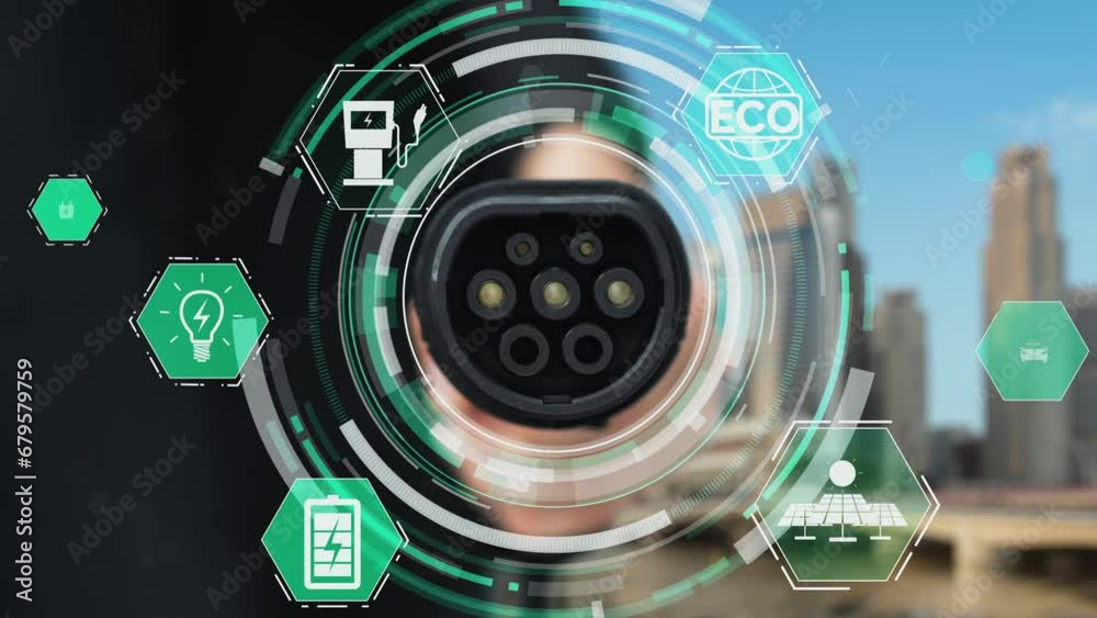 Focus EV charger pointing in front of camera display eco awareness icon ...