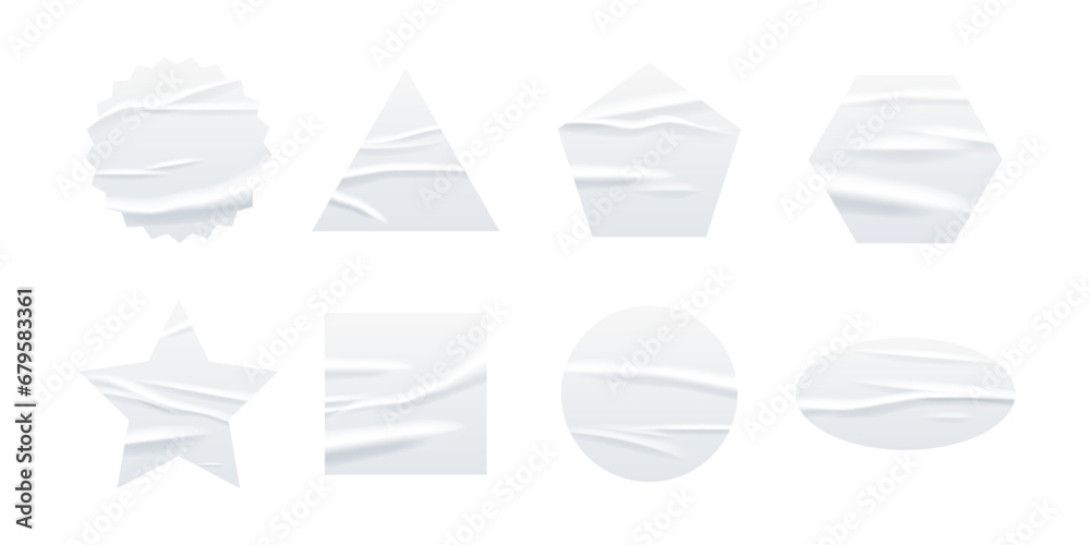 Crumpled white paper sticker vector illustration set. Wrinkled glued ...