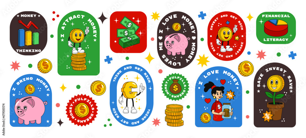 Cartoon money. Coin stickers. Finance invest or save dollars. Funny pig ...