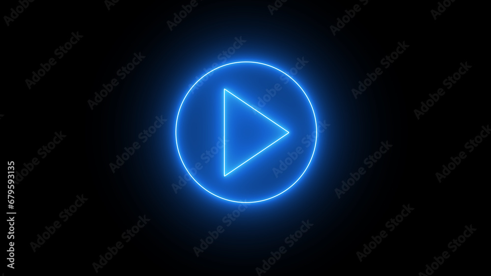 Blue play button on black background. Start button. Neon glowing play ...
