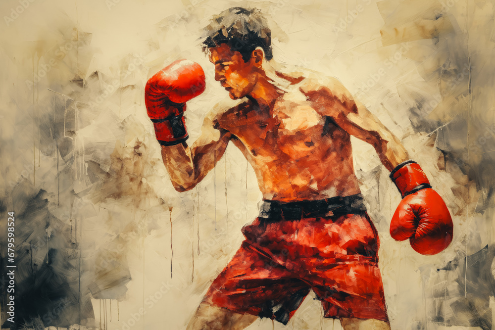 watercolor painting of boxer with an aggressive look in red boxing ...