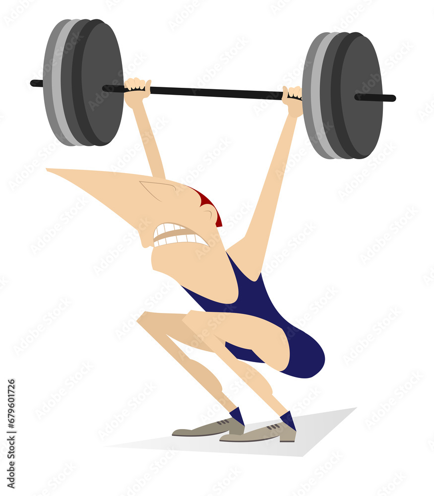 Cartoon man weightlifter illustration. Funny strong man is trying to ...