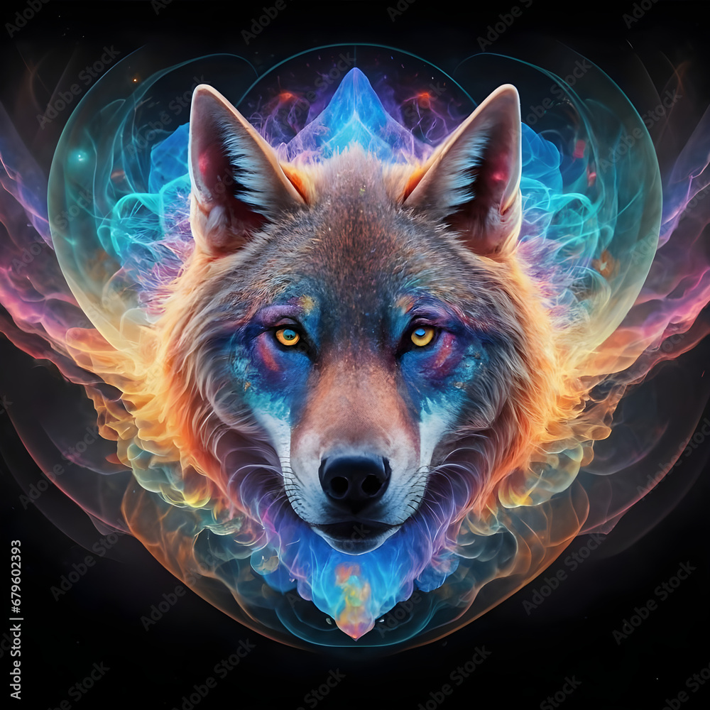 In the otherworldly allure of a neon-lit astral wolf, the vibrant ...