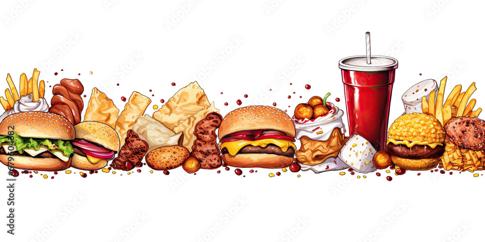 Collection Of Different Junk Food Border On Transparent Background ...