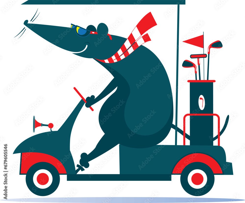 Cute rat or mouse rides the golf cart. Cartoon rat or mouse is going to ...