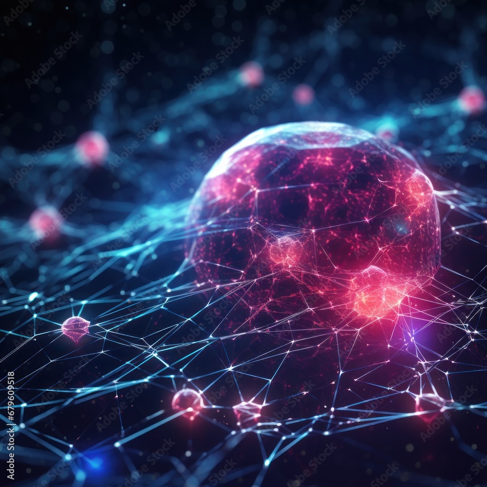 Vibrant digital artwork depicting a glowing red node within a complex ...